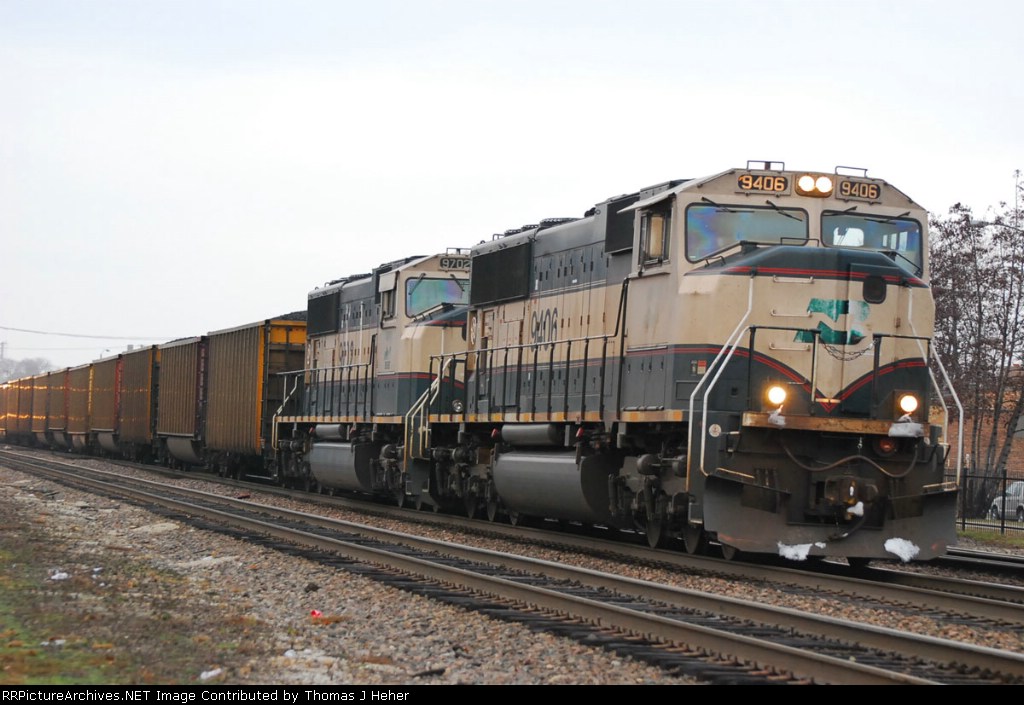BN 9406 w/DEEX loaded train. Rare unit still in all BN...